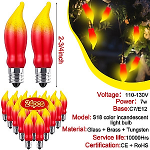 Glooglitter 24 Pcs Christmas Flame Lights Bulb Red Yellow Christmas Light Bulbs E12 Candelabra Bases Flame Shape Night Light Bulbs for Halloween Christmas Candle Light, Chandelier,7 Watt, 120 Volt
