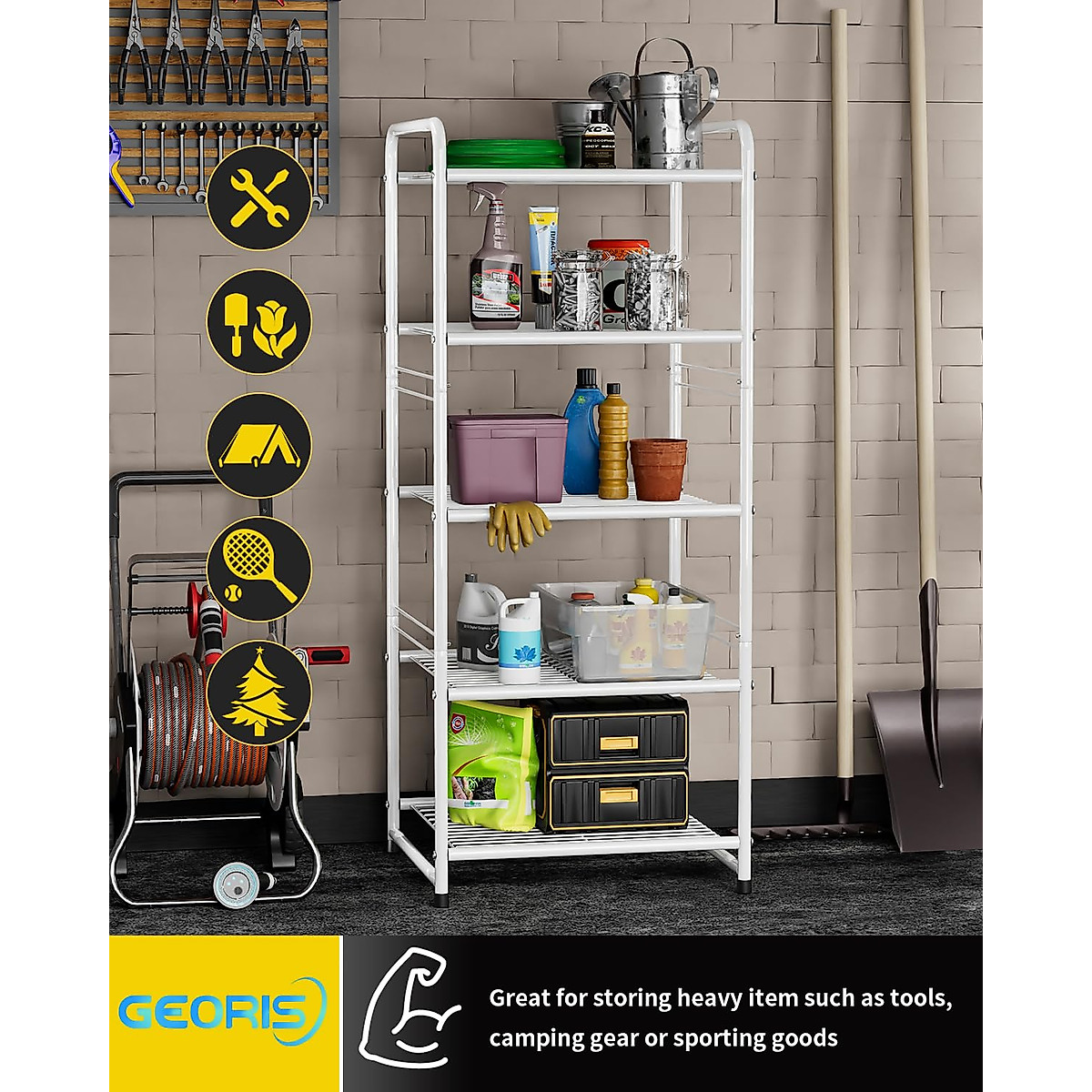 GEORIS 5- Tier Heavy Duty Wire Shelving Storage Rack | Modern Bathroom Shelf | Stackable Plant Standing Shelf Unit | Perfect for Kitchen, Living Room, Balcony | White