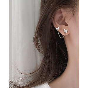 Reffeer 925 Sterling Silver Double Holes CZ Butterfly Chain Stud Earrings Two Butterfly Cuff Climber Earrings for Women Teen (Silver)