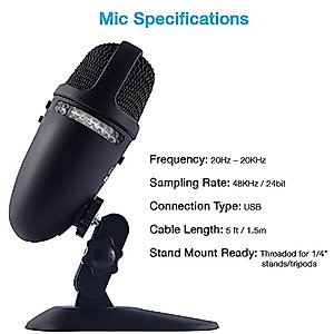 Cyber Acoustics Premium USB Microphone with Dual Recording Patterns - 24-bit Recording Perfect for Podcasting and Vlogging - Compatible with PC and Mac (CVL-2009)