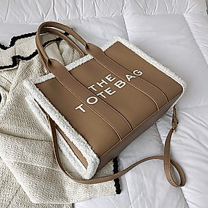 Tote Bag for Women, Large PU Leather Tote Bag with Lamb Wool, Crossbody/Handbag for Travel/Work/School (khaki)