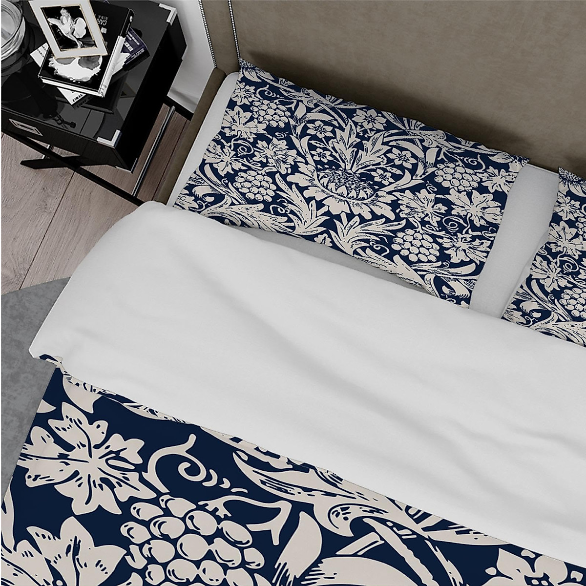 RIVINE Willam Morris Style Duvet Cover Set 3 Pieces Sunflowers Iris (Blue) Pattern Soft Bedroom Bedding Set with 2 Pillow Shams Zipper 4 Ties Full