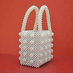 TOPSMU Pearl Bag Crystal Pearl Purse Handmade Weave For Women Handbag Acrylic Beaded Bags White