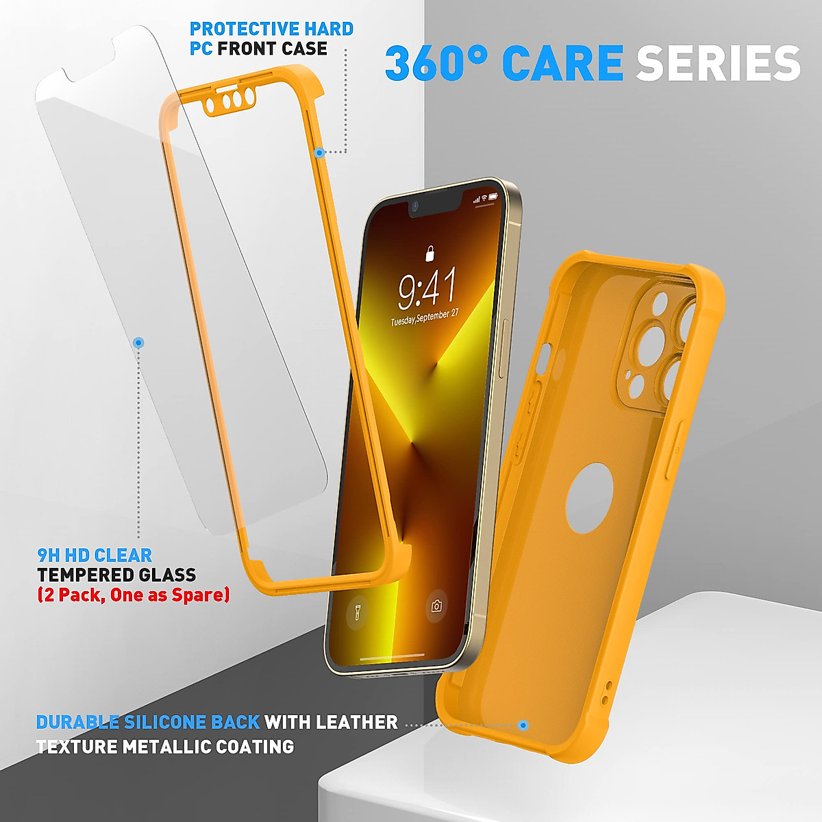ORETECH for iPhone 13 Pro Max Case, with [2 x Screen Protectors] [15 Ft Military Grade Drop Test] [Camera Protection] 360° Shockproof Slim Thin Phone Case for iPhone 13 Pro Max Cover 6.7" - Yellow