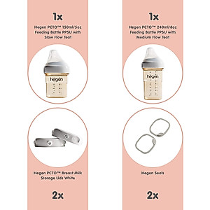 hegen Newborn Baby Bottle Basic Starter Kit- PPSU Bottle for Babies, Medium & Slow Teat- Breast Milk Storage Lids and Secure Seals