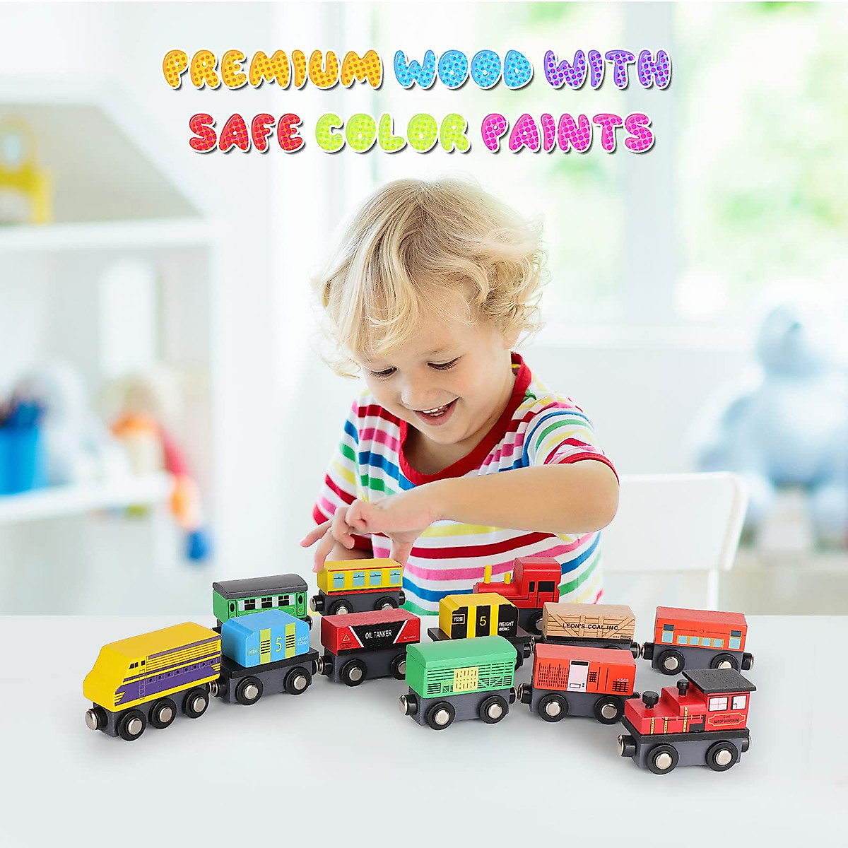 DeXop Toy Train Sets 12 PCS with Box Wooden Train Toys Magnetic Sets for Kids Toddler Gift for Christmas and Birthday for Boys and Girls