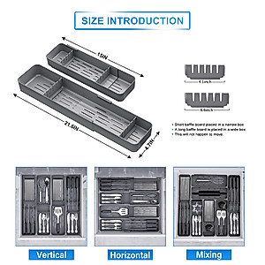 KOUPA Expandable Silverware Drawer Organizer Set of 2, Compact Utensil Flatware Tray for Kitchen, Adjustable Plastic Cutlery Holder Storage for Spoons Forks Knives, Gray