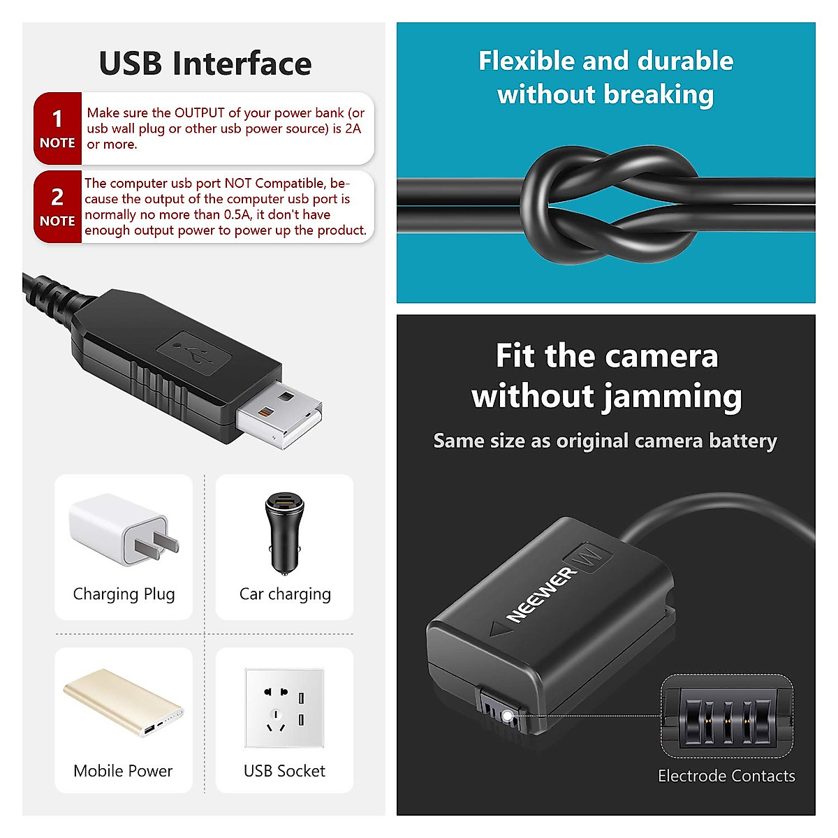 Neewer DC Coupler Replacement for NP-FW50 Dummy Battery Power Adapter with USB Cable Compatible with Sony A7 A7R A7S A7II A7RII A7SII A6500 A6400 A6300 A6100 A6000 NEX5 NEX7 DSC-RX10 II III IV