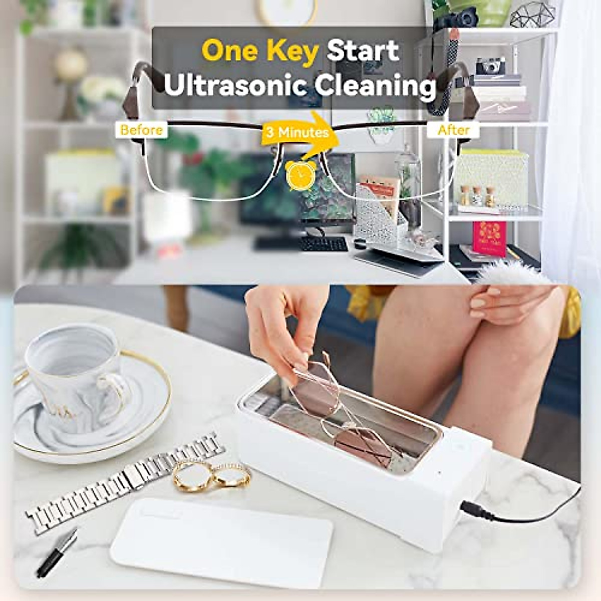 Ultrasonic Jewelry Cleaner, EIWEI 50kHz Ultrasonic Cleaner, 600ML Jewelry Cleaning Machine with SUS304 Material, 3-Minutes Quick Cleaning for Ring, Eyeglass, Retainer, Makeup Brush, Coins (White)
