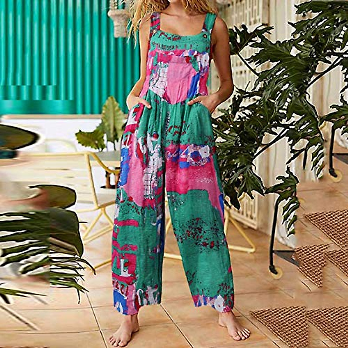 Women's Summer Patchwork Vintage Printed Wide Leg Long Pants Jumpsuit with Pockets(Green, M)