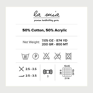 8 Balls La Mia Crown Yarn, Total 7.05 Oz (200 gr), Each 0.88 Oz (25 gr), 800 mt (874 yds), Knitting and Crocheting, 50% Cotton and 50% Acrylic, 2 Weight Fine Yarn, Blue L904