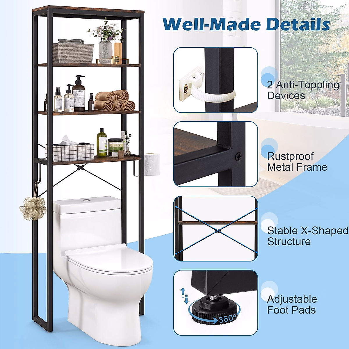 Tangkula Over The Toilet Storage Rack, 70 Inch Tall Bathroom Space Saver w/Metal Frame, Anti-Tipping Devices & Adjustable Feet Pads, Freestanding Bathroom Organizer Above Toilet, Rustic Brown