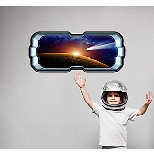24" SpaceScape Orbiting Mars 3D Space Ship Window Wall Decal Sticker Planets Astronomy Peel and Stick Vinyl for Childrens Kids Bedroom Decor - 10" Tall x 24" Wide