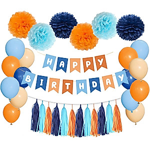 42PCS Navy Light Blue Aqua Orange Blue Dog 1st 2 3 5 Birthday Party Decorations for Boys Girls Balloons Banner Tissue Flower Pom poms Tassel Garland Hanging Backdrop Birthday Nursery Décor