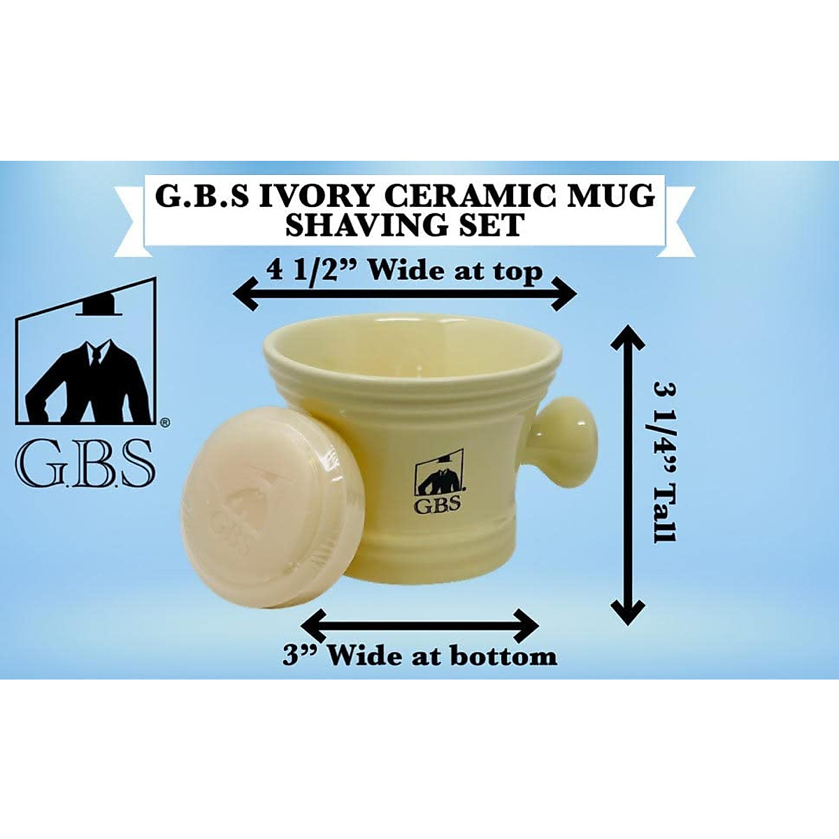 G.B.S Heavy Duty Ceramic Ivory Shaving Set - Mug with Knob Handle, Faux Ivory Handle Shaving Brush and Natural Shave Soap
