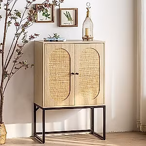 MATICO Rattan Pantry Storage Cabinet, 41.3"(H), Tall Pantry Locker, Kitchen Console Sideboard, Accent Buffet Cabinet, Display Bookcase with Rattan Door, Organizer Cupboard for Living Room, Burlywood
