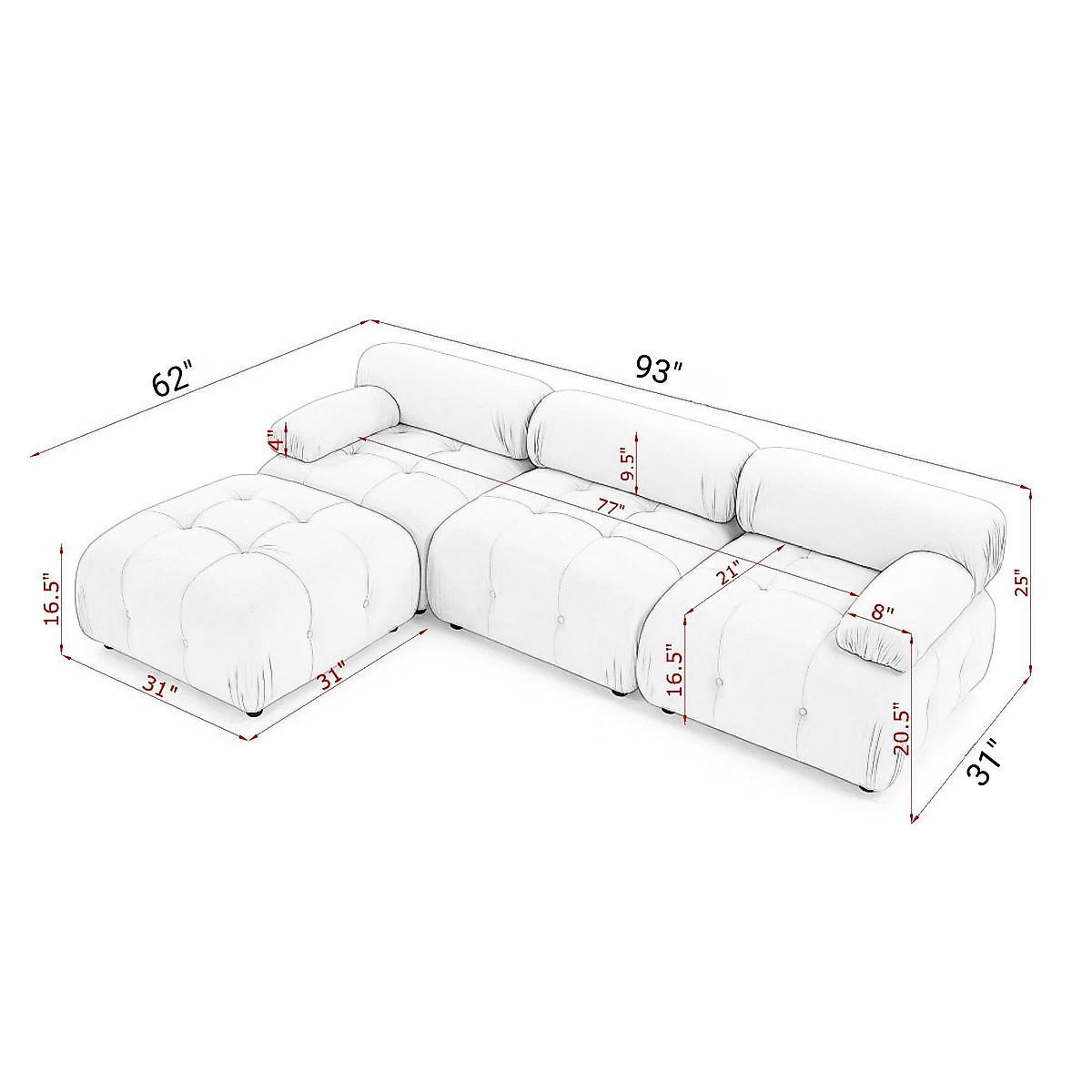 ChicFurnit Couch, L-Shaped Sectional Sofa, Modular Sectional Sofa with Reversible Ottoman, Button Tufted Designed Sofa Couch with Foam Cushions, Reversible Sectional Couches for Living Room, Black