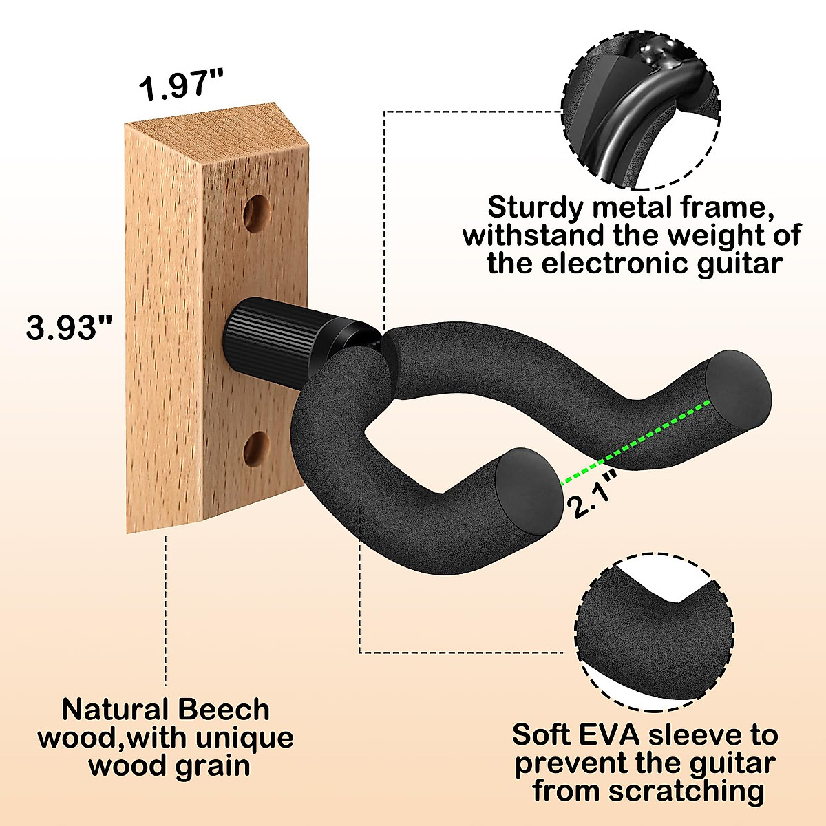 DOMMI Guitar Wall Mount 4 Pack, Guitar Hanger with Rotatable Soft Hook for All Size Guitars, Hardwood U-Shaped Guitar Holder Wall Mount for Acoustic, Electric Guitar, Bass