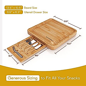 Bamboo Cheese Board Set - Premium Cheeseboard Gift Set - Includes 4 Cheese Knives & 10 Cheese Forks- charcuterie board set, Fruit, Cured Meat Serving Platter With Drawer- Ideal For Parties & Events