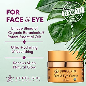 Honey Girl Organics Face & Eye Crème, USDA Certified Organic Facial Moisturizer & Under Eye Cream for Wrinkles, Dark Circles and Puffiness w/Hydrating Honey, Beeswax, Essential Oils & EVOO. 1.75oz