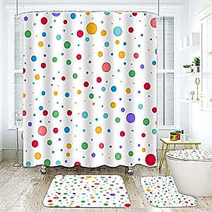 4 Pcs Rainbow Polka Dot Shower Curtain Set, Colorful Abstract Circles Bathroom Sets with Shower Curtain and Rugs, Bath Curtain and Bath Mat, Toilet Lid Cover and U Shaped Rug, 12 Hooks, SETLSSD265