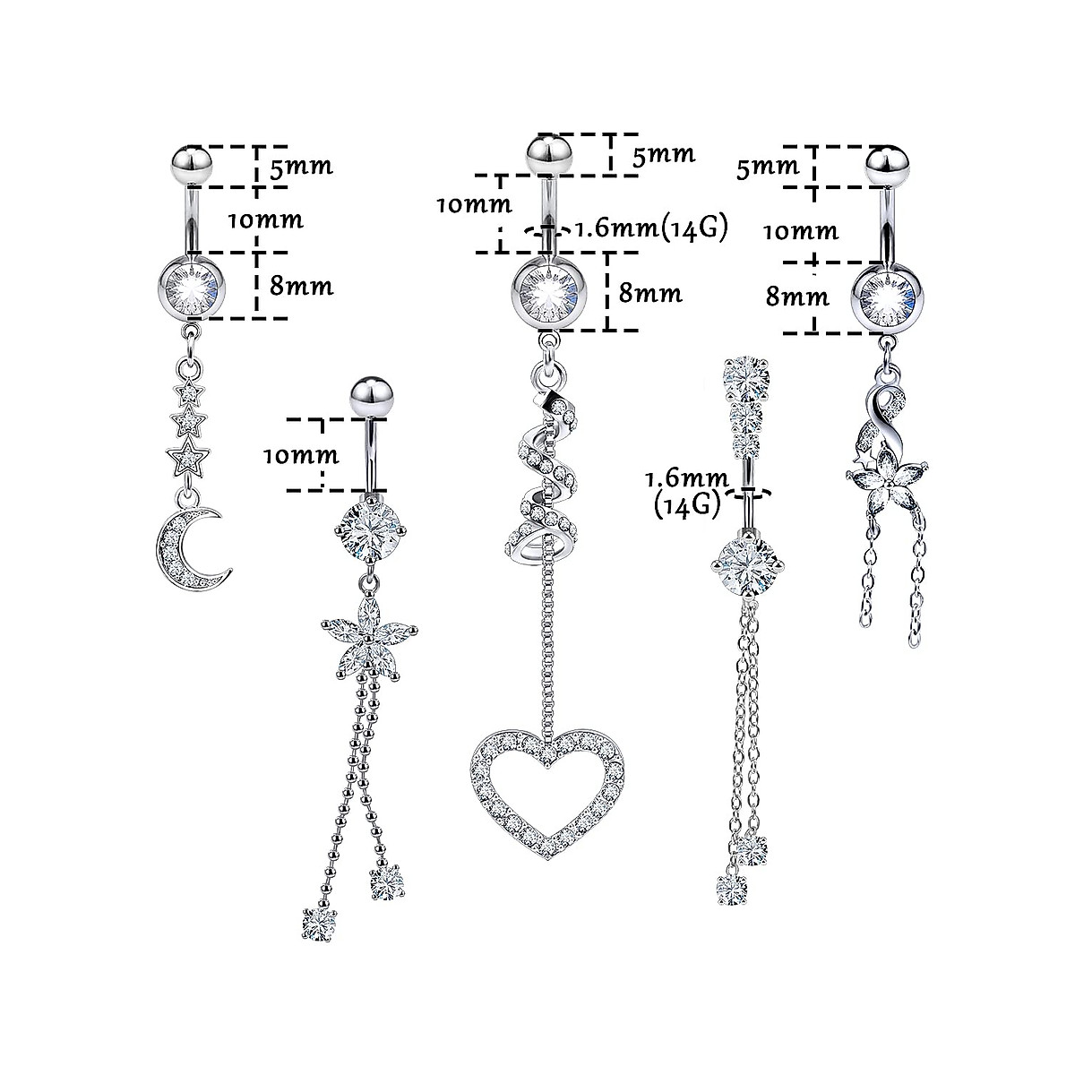 Goerhsjie 9pcs Surgical Stainless Steel Belly Button Ring, 14G 1.6mm x 3/8inch, for Women