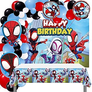 Spidey and His Amazing Friends Birthday Party Supplies, Spidey Party Balloons Garland Arch Kit, Latex Balloons, Backdrop, Tablecloth, Spidey Theme Party Decorations, Spidey Birthday Party Favors