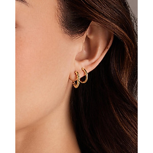 PAVOI 18K Yellow Gold Plated 925 Sterling Silver Posts 3 Pairs Small Hoop Earrings for Women - Cubic Zirconia Plain Rope Huggie Hoops Pack - Lightweight Earrings Set