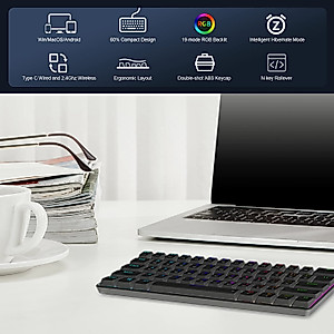 60% Wireless Wired Gaming Keyboard - 60 Percent Compact 61 Key Mini Mechanical Keyboard with RGB Backlit, Include 2.4Ghz USB Receiver and USB C Cable,Blue Switch for Desktop, Computer and PC