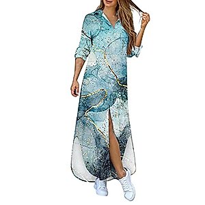 Womens Dresses 2023 Betten Down Sundress Long Sleeve V-Neck Dresses Floral Print Casual Loose Beach Mixi Light Blue XX-Large