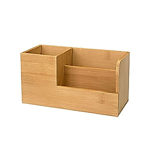 Cregugua Office Pen/Pencil Holder Bamboo Stationary Organizer, 8x3.5x4.1 Inch Multi-Function Desktop Remote Control Holder for Home