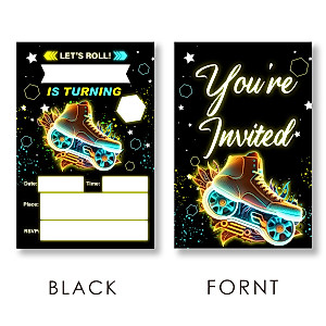 EUDOSI Roller Skating Birthday Party Invitations Supplies Fill-In Set of 20 with Envelopes Skate Theme Let's Roll Birthday Bash Invites Cards(Double Sided)
