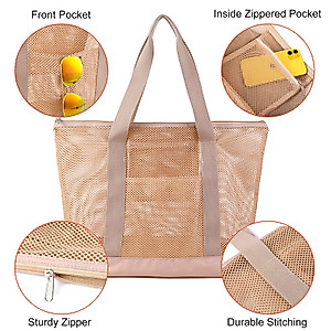Mesh Beach Bags, Grocery Produce Tote Bag with Zipper & Pockets for Gym, Picnic, Shopping or Travel