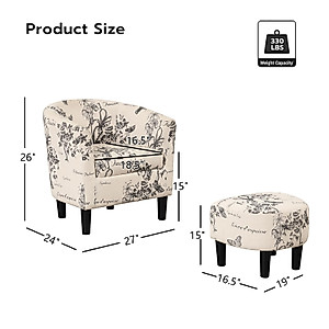 INZOY Modern Accent Chair with Ottoman for Small Space, Club Chair with Ottoman Set, Comfy Fabric Barrel Reading Chairs for Living Room Bedroom, Round Reading Chair with Foot Rest, Flower Pattern