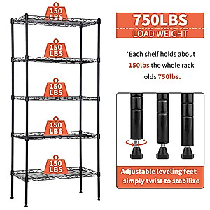 YYkokocat 5-Tier Wire Shelving Adjustable Metal Shelving Unit 48" H Storage Shelves Wire Rack Shelf Organizer for Closet Bathroom Kitchen, 750LB Capacity, 21.5L x 11.6W x 47.6H, Black