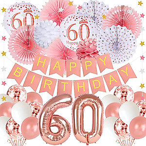 60th Birthday Decorations, 60th Birthday Decorations for Women, Happy Birthday Banner 60th Paper Lanterns Number 60 Foil Balloon Party Paper Fan Rose Gold Latex Balloons for 60th Anniversary