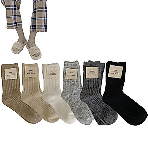 6 Pairs Women Natural Tones Color Crew Socks Girls Wool Socks Aesthetic Socks Knit Boot Socks Warm Novelty Casual Dress Socks (6 Pack Beige Tones)