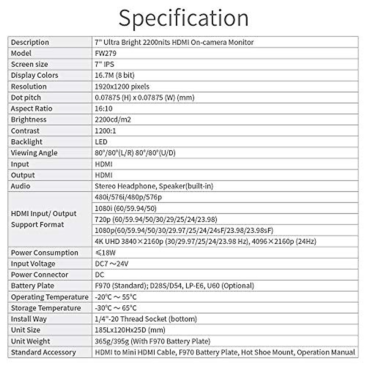 FEELWORLD FW279 7 Inch 2200nit Ultra Bright DSLR Camera Field Monitor High Brightness Sunlight Viewable Full HD 1920x1200 4K HDMI Input Output