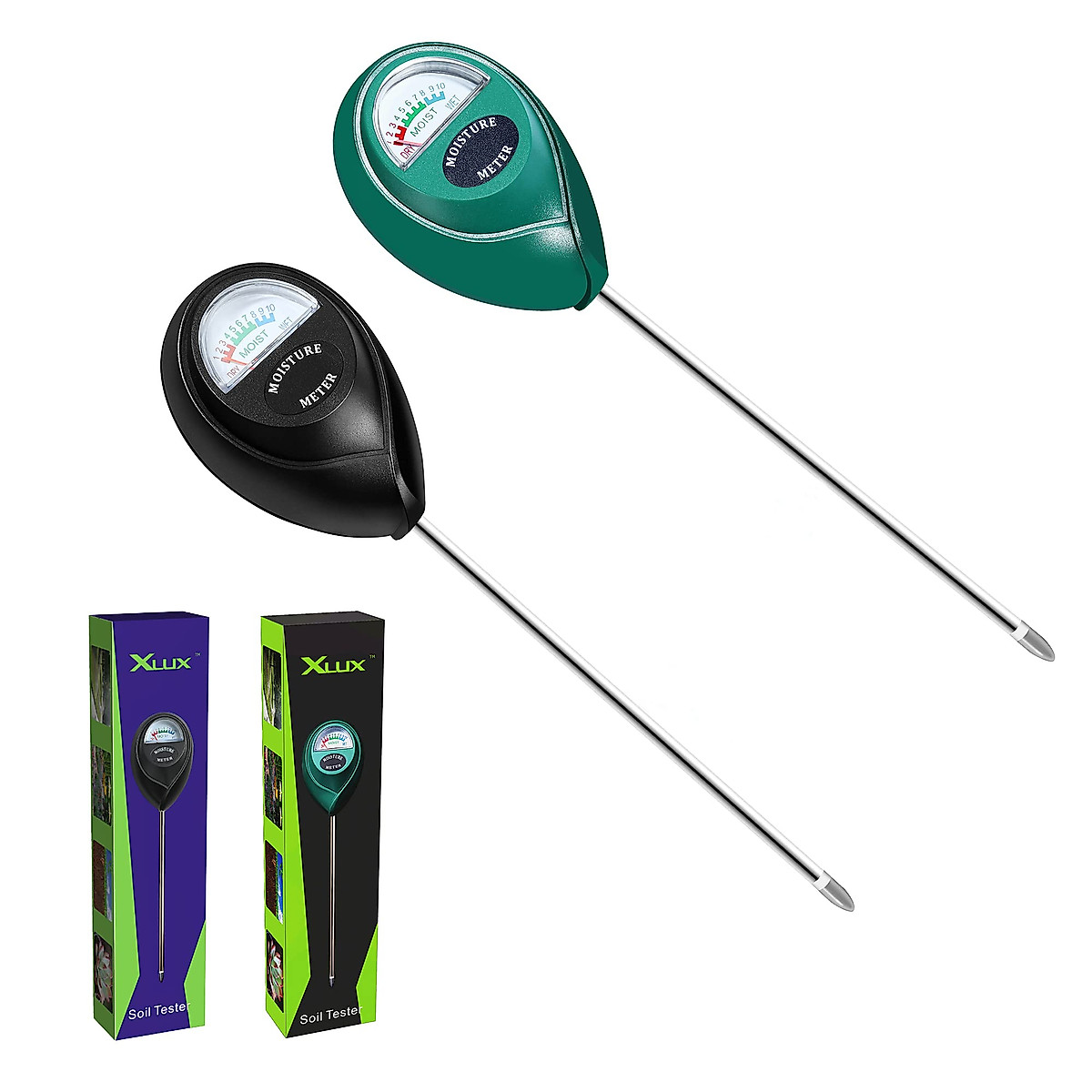 XLUX Soil Moisture Meter Sensor, Water Monitor Indicator Sensor, Hygrometer for Outdoor Indoor Large Pot Plants, Black and Green, 2 Pack