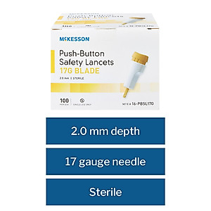 McKesson Safety Lancets, Sterile, Push-Button, 17 Gauge Blade, 2 mm, 100 Count, 1 Pack