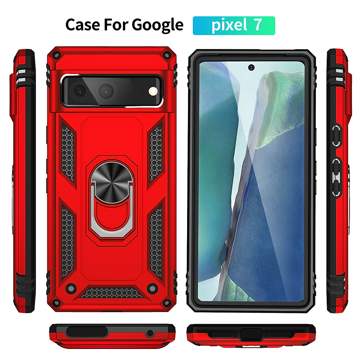 SunRemex for Google Pixel 7 Case with HD Screen Protector [2 Packs], [Not for Google Pixel 7 Pro ], Magnetic Ring Holder Kickstand,[Military Grade] Phone Case for Google Pixel 7 2022 (Red)
