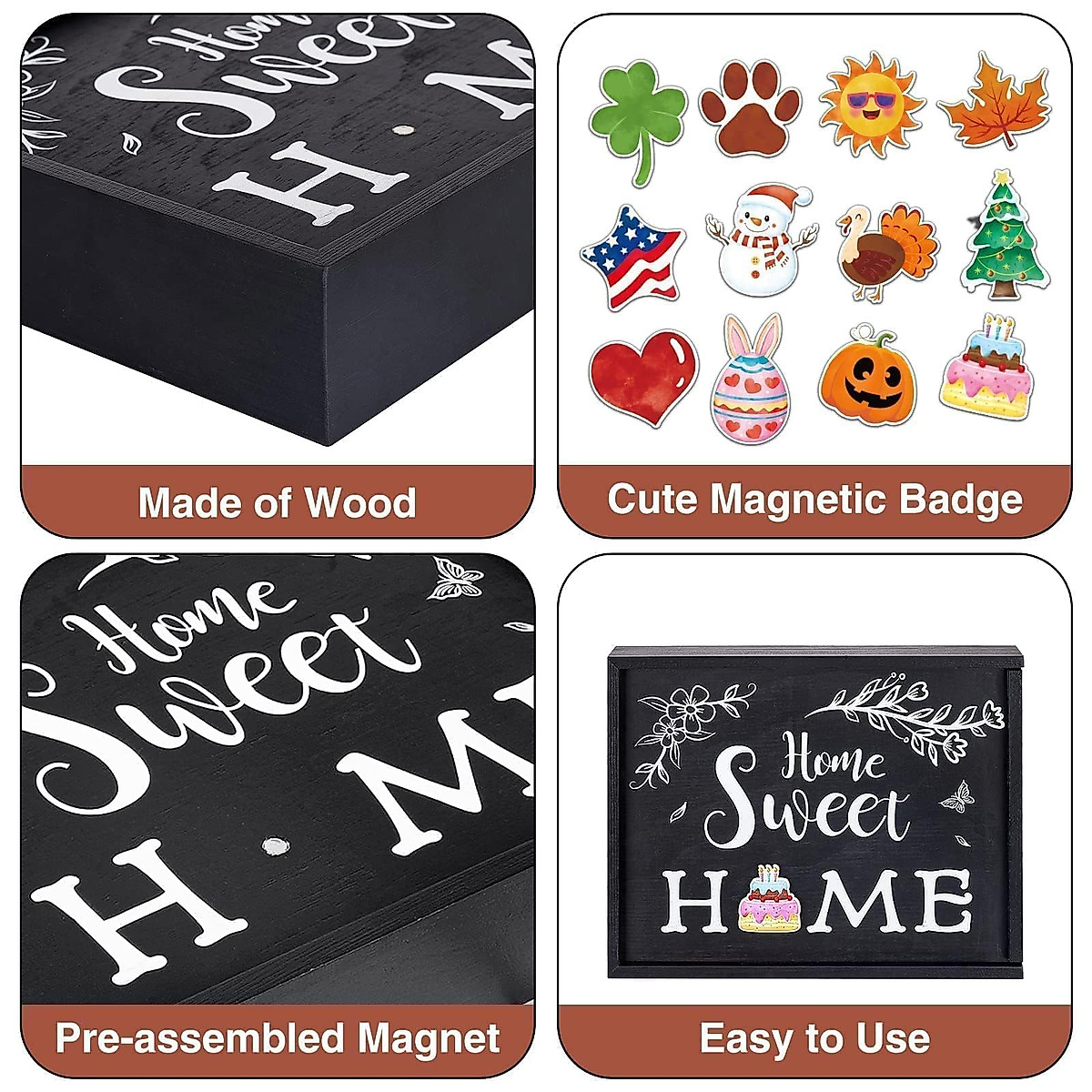 WERNNSAI Home Sweet Home Sign - Interchangeable Holiday Decor with 12 Piece Wooden Changeable Holiday Magnets Seasonal Icon Wood Sign for Desktop Kitchen Bedroom Xmas House Warming Gifts