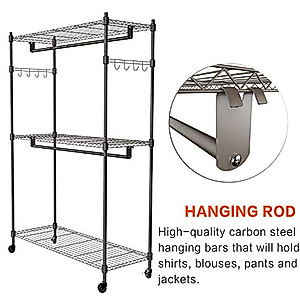 kemanner Heavy Duty Rolling Garment Rack 3-Tiers Wire Shelving W/ Double Rods & Lockable Wheels & 1 Pair Side Hooks - Hold Up to 400Lbs (Gray, 2Rod 2Hook)