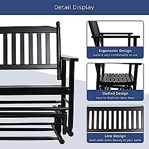 LUCKYERMORE Patio Glider Swing Bench 2-Person Garden Rocking Seating for Outdoor, Wooden Porch Loveseat Chair for Outside, Backyard, Poolside, Garden, Black