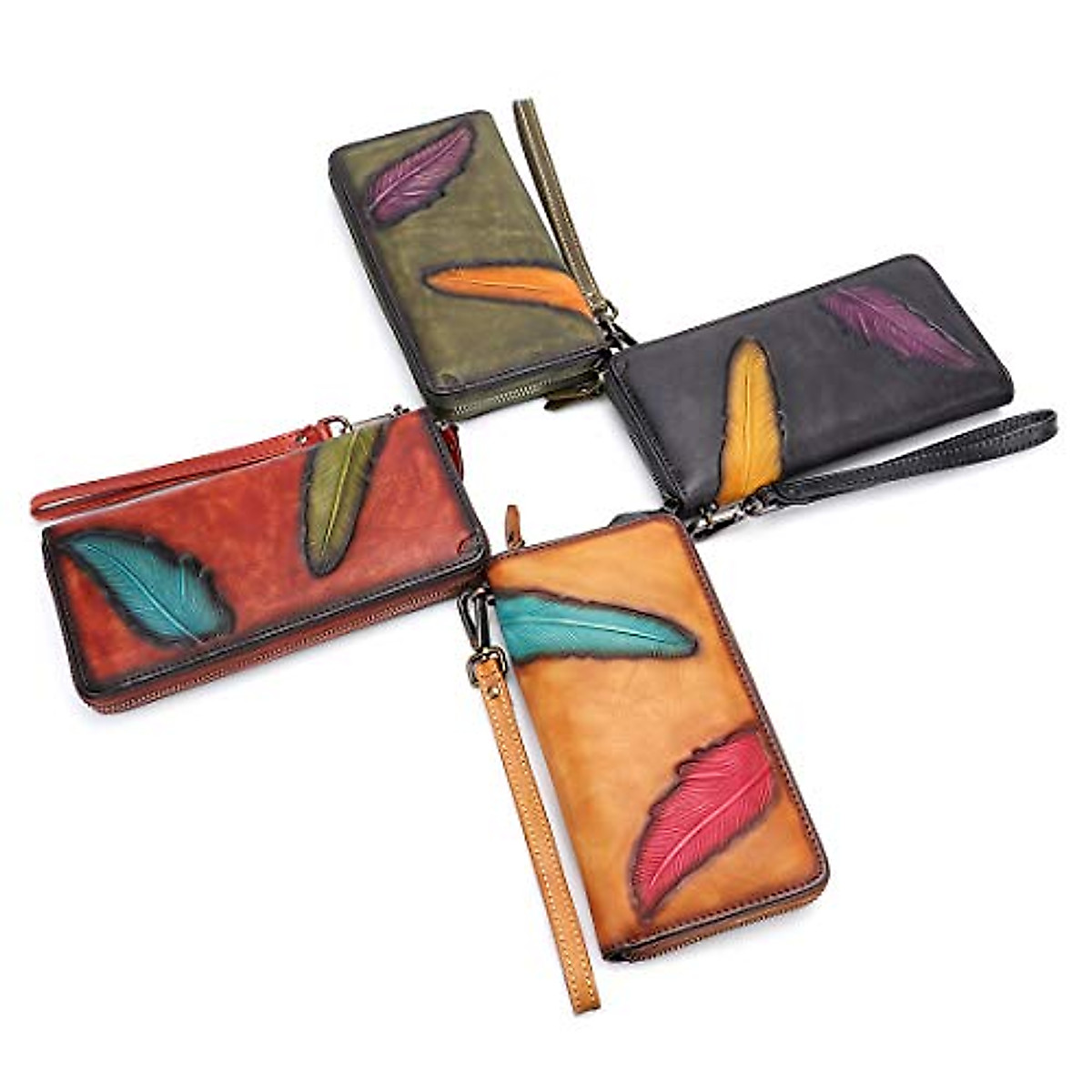 Women's Wallet Genuine Leather Zip Around Wristlet Long Purse Vintage Embossing Cowhide Capacity Handmade Clutch(Brown)