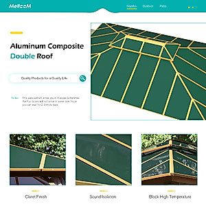 MELLCOM 12' x 16' Hardtop Gazebo, Wooden Grain Coated Aluminum Frame Outdoor Gazebo with Aluminum Double Roof, Claret Metal Gazebo with Curtains and Nettings for Patios, Gardens, Lawns