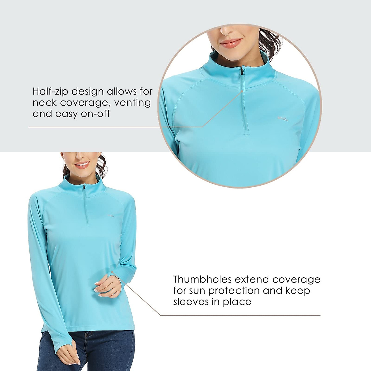 Willit Women's UPF 50+ Sun Protection Shirt SPF Long Sleeve Lightweight Half-Zip Golf Outdoor Shirt Quick Dry Rash Guard Blue L