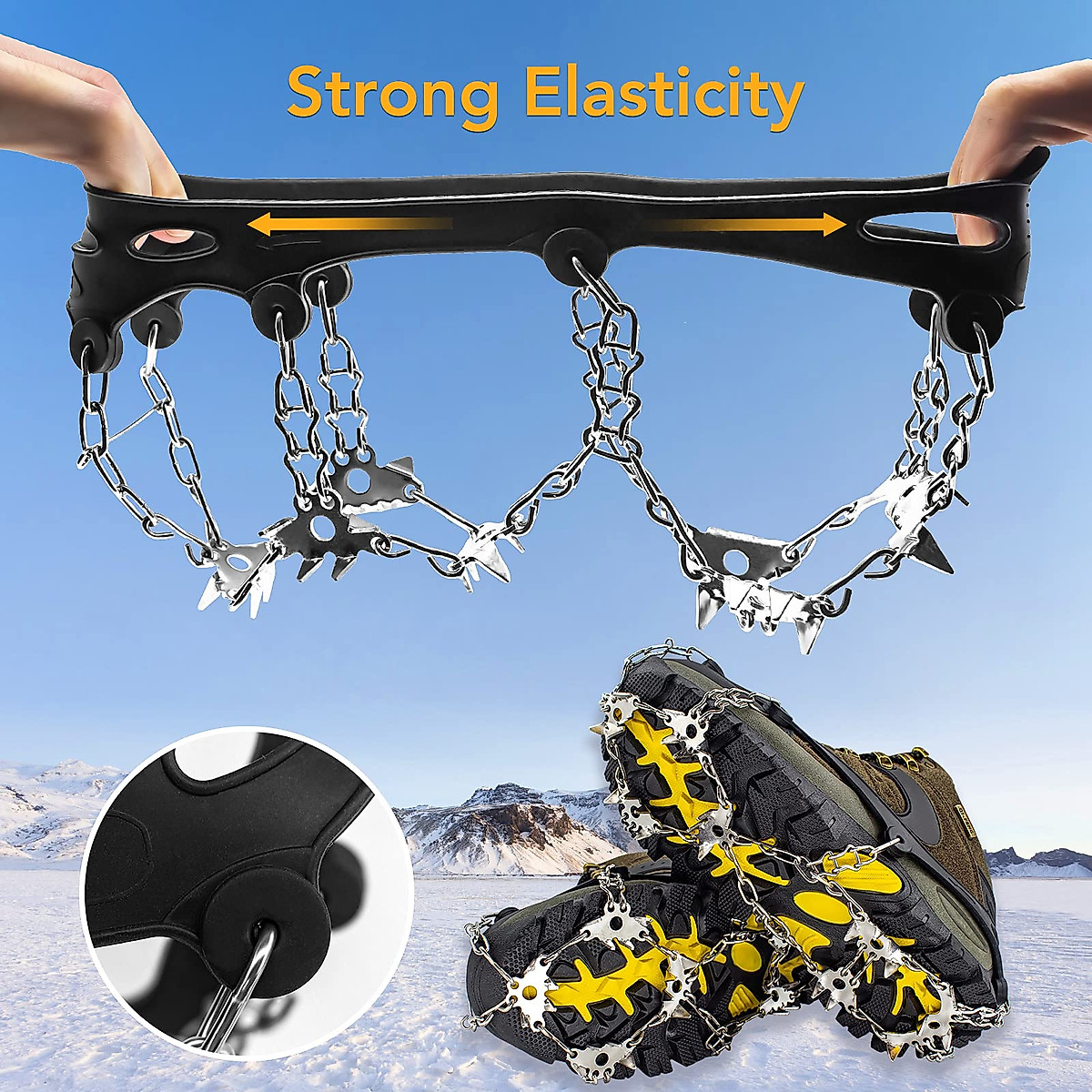Crampons Ice Cleats Anti Slip Newest 28 Stainless Steel Spikes Suitable for All Boots Shoes Great Protect for Hiking Trekking Walking Jogging Climbing Mountaineering Fishing Men Women Kids(Black, L)