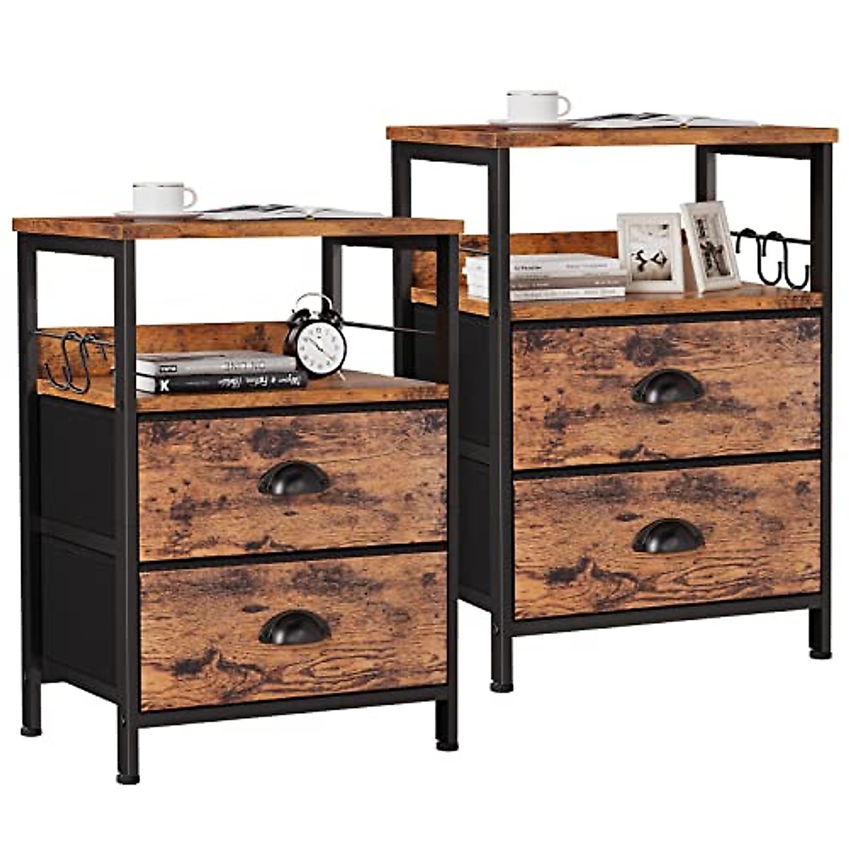 Furologee Nightstands Set 2, Bedside Table with 2 Fabric Drawers, End Table with 2 Hooks, Open Wood Shelf Side Sofa Table for Bedroom/Living Room/Study/Hallway/Rustic Brown