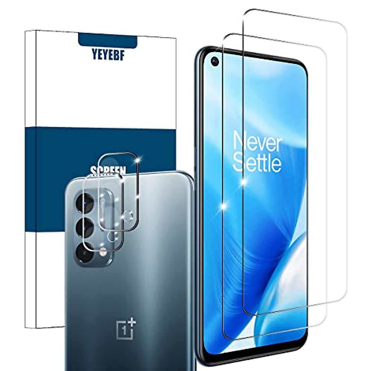 OnePlus Nord N200 Tempered Glass Screen Protector + Camera Lens Protectors by YEYEBF, [2+2 Pack] [3D Glass] [Bubble-Free] [Anti-Glare] for Nord N200